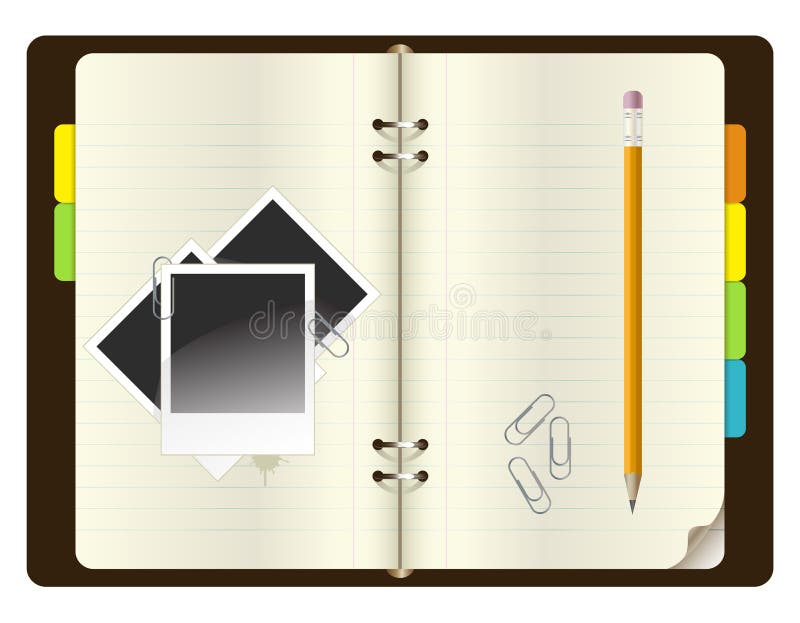 Notebook with Pencil, Paper Clips and Photos Stock Vector ...