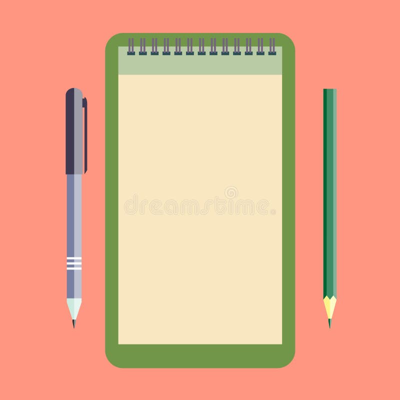 Notebook, pencil and pen. stock vector. Illustration of note - 164424472