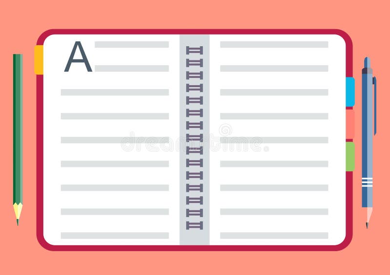 Notebook, pencil and pen. stock vector. Illustration of open - 164424506