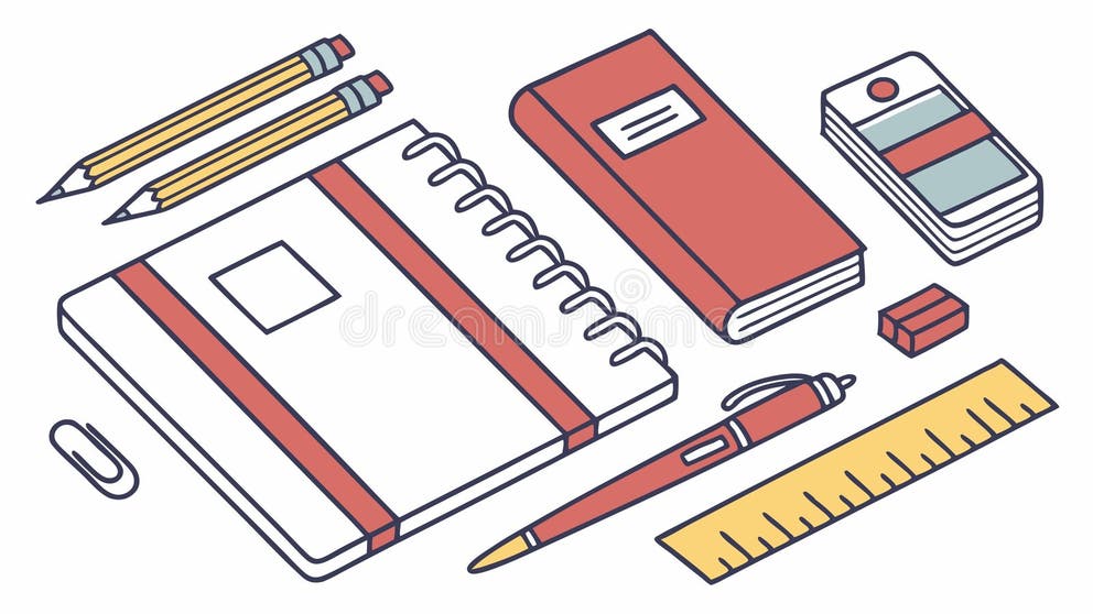 Notebook, Pens, Ruler, and Books, Complete School Setup, Vector Design ...