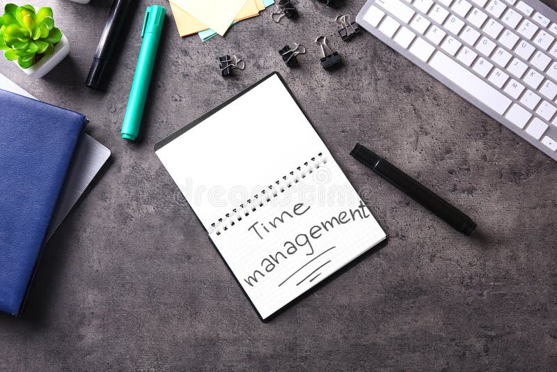 Notebook with Phrase TIME MANAGEMENT on Grey Table Stock Photo - Image ...