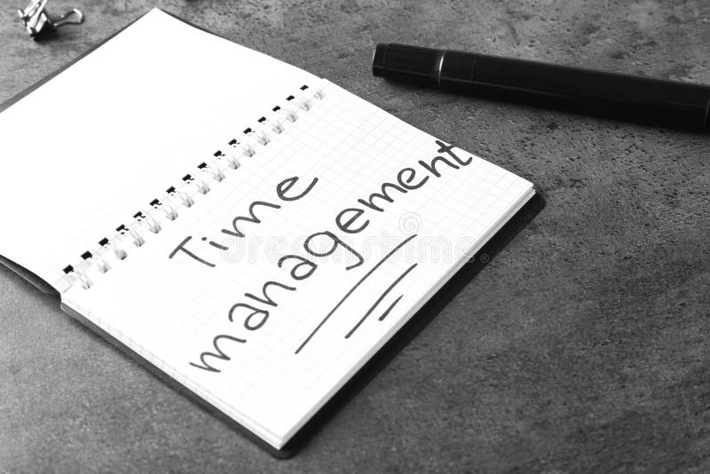 Notebook with Phrase TIME MANAGEMENT on Grey Table Stock Photo - Image ...