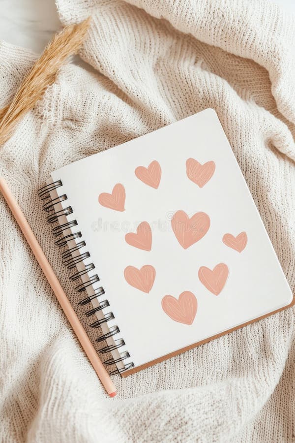 Notebook with Pink Heart Doodles on Cozy Fabric Background Stock Photo ...