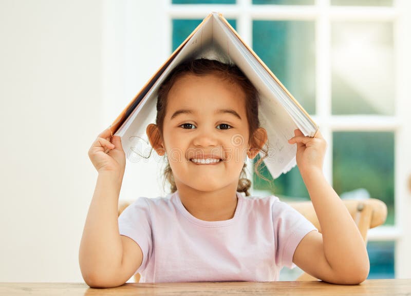 Notebook, Portrait and Smile with Student Child in Home for Development ...