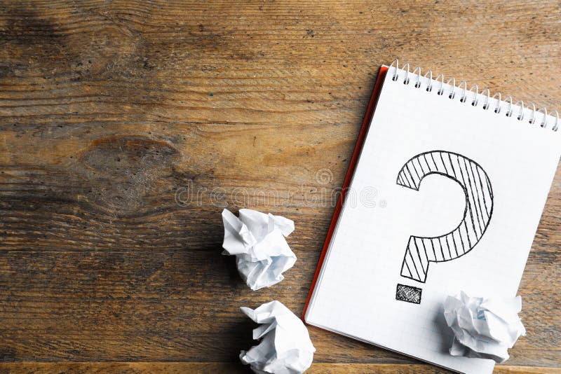 Notebook with Question Mark and Crumpled Paper on Table, Flat Lay ...