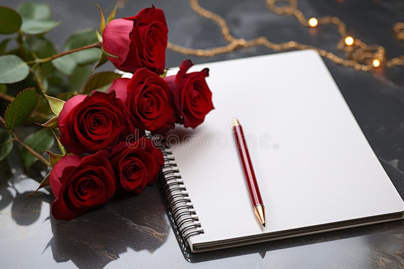 Notebook, Red Roses, and Pen on a Luxurious Marble Desk Stock ...