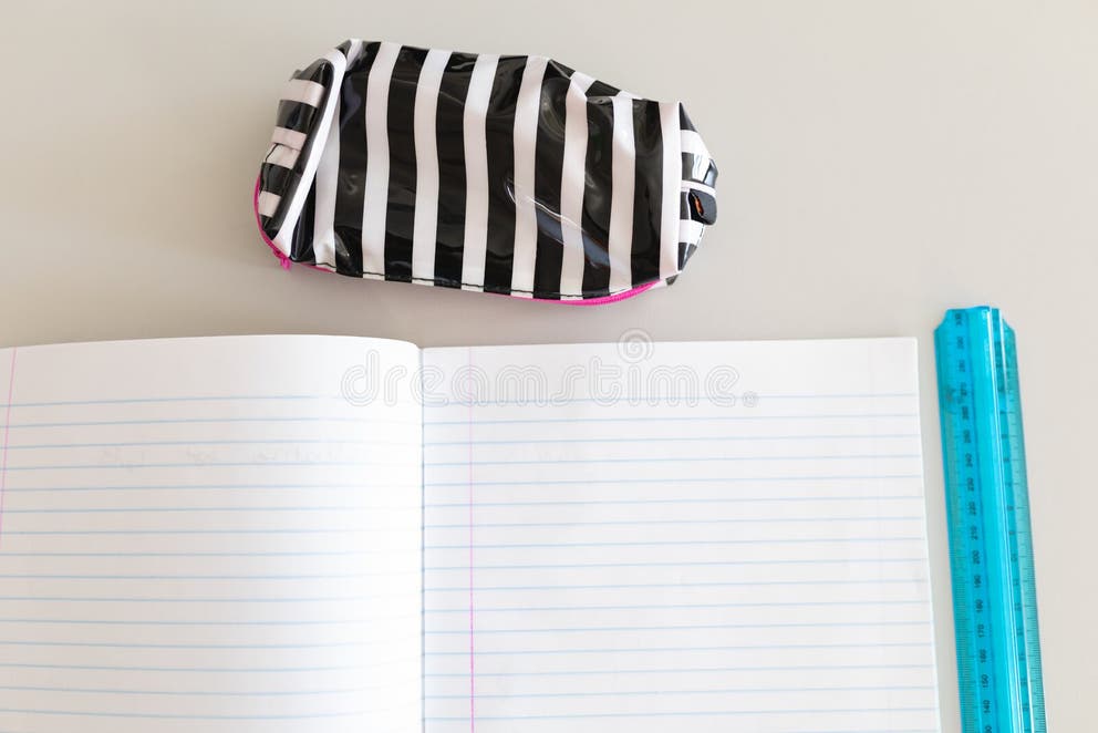 Notebook, Ruler and Pencil Case on the Desk in School Stock Image ...