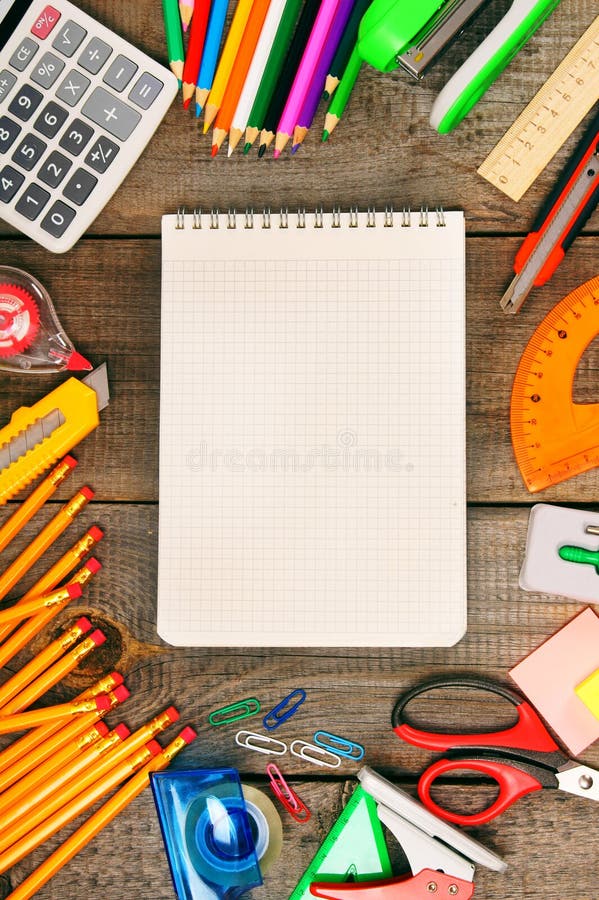 Notebook and School Tools Around. Stock Photo - Image of background ...