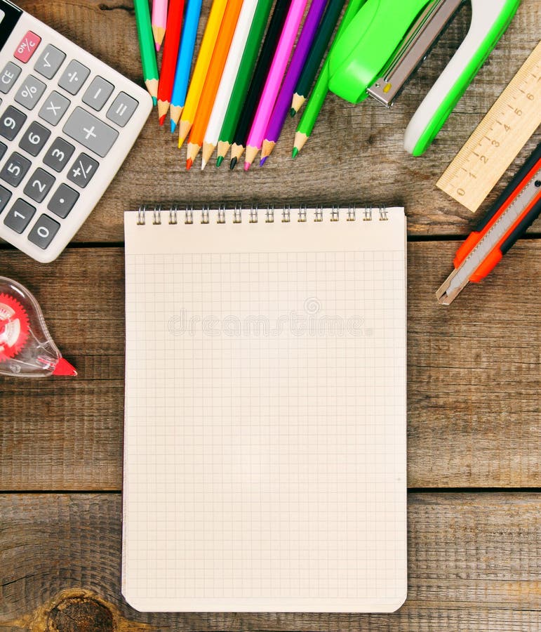 Notebook and School Tools Around. Stock Image - Image of class ...