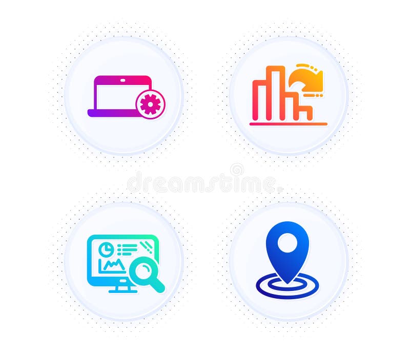 Notebook Service, Seo Analytics and Decreasing Graph Icons Set. Location Sign. Vector Stock ...