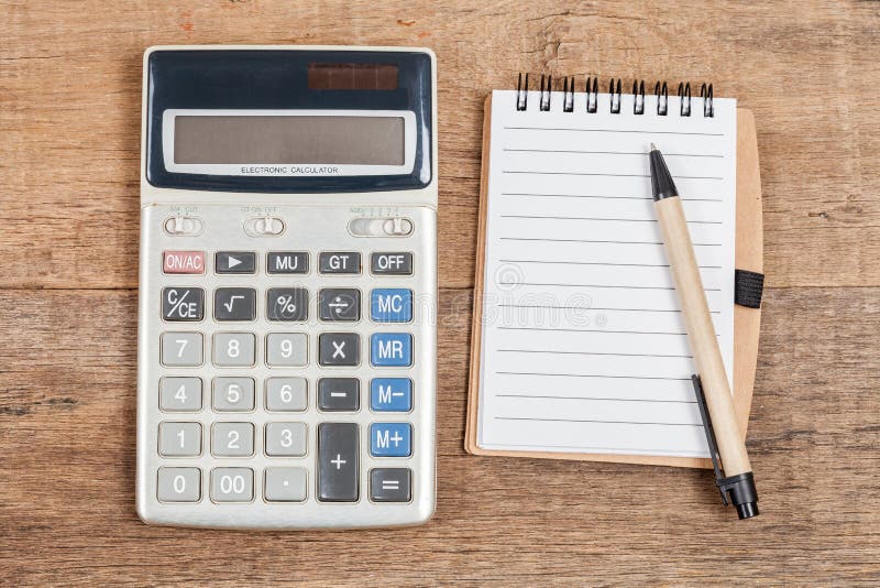 Notebook Showing Empty Page and Calculator on Wooden Desk Stock Image ...