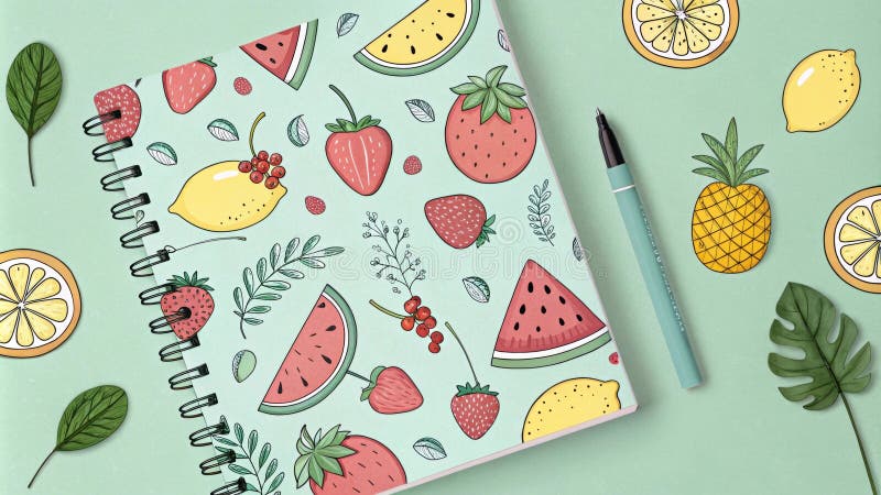 Notebook Showing Summer Fruits and Pen on Light Green Background Stock ...