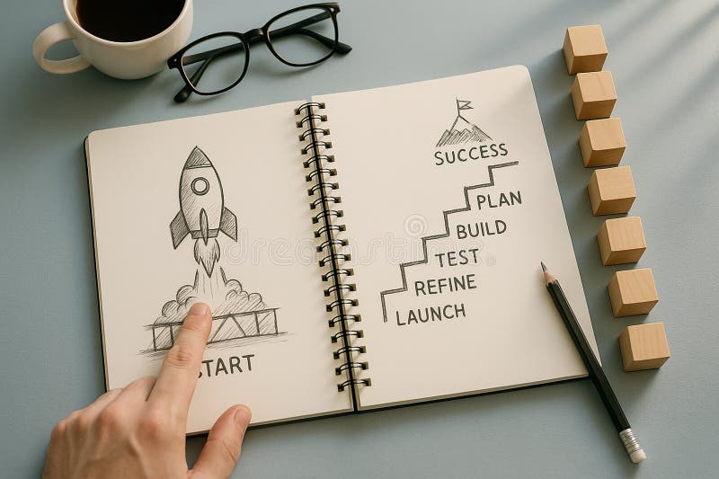 Notebook Sketch Showing Rocket Launch and Staircase To Success with ...