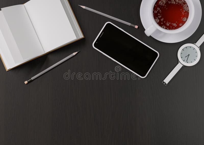 Notebook, Smartphone, Watch, Pencil and a Cup of Tea on the Dark Table ...