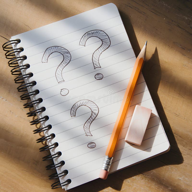 Notebook with Drawn Question Marks, Pencil, and Shadows on a Wooden ...