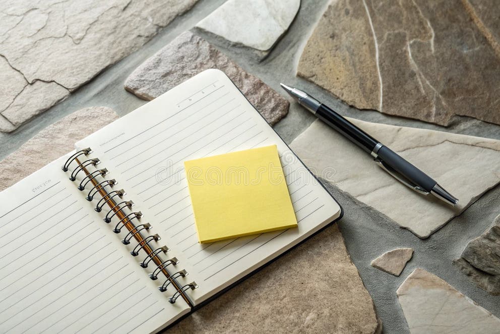 Notebook and Sticky Note on Stone Desk Stock Illustration ...