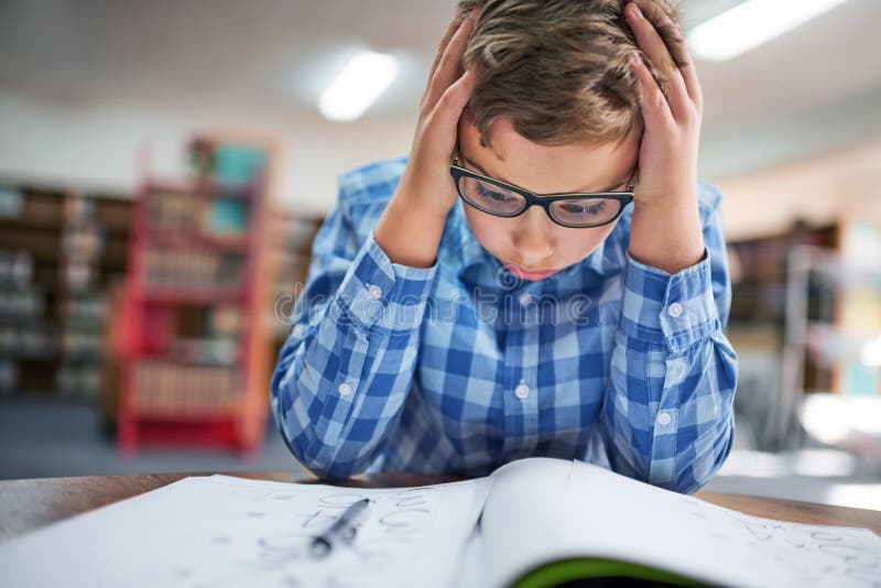 Notebook, Stress and Boy in Classroom for Exam, Study and Child ...