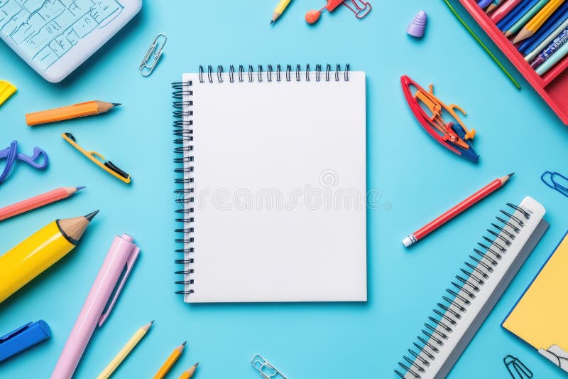 A Notebook is Surrounded by School Supplies on a Blue Backdrop Stock ...
