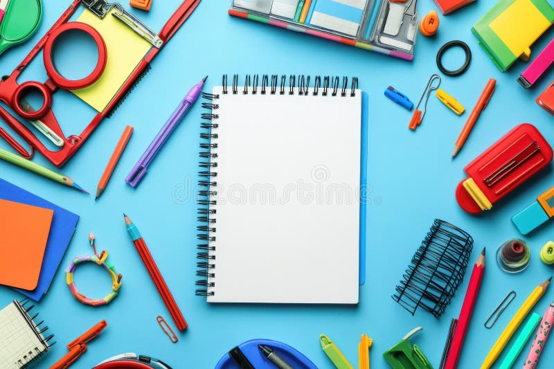 A Notebook is Surrounded by School Supplies on a Blue Backdrop Stock ...