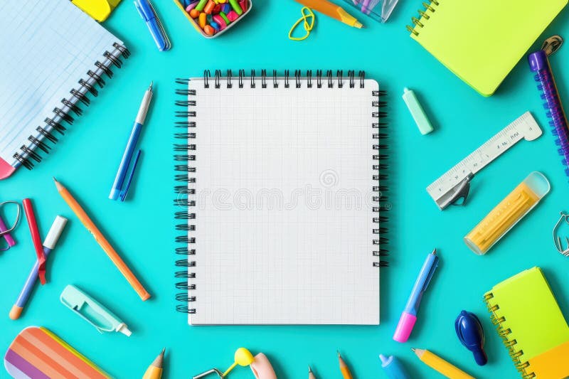 A Notebook is Surrounded by School Supplies on a Blue Backdrop Stock ...