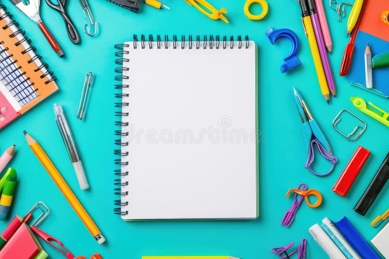 A Notebook is Surrounded by School Supplies on a Blue Backdrop Stock ...