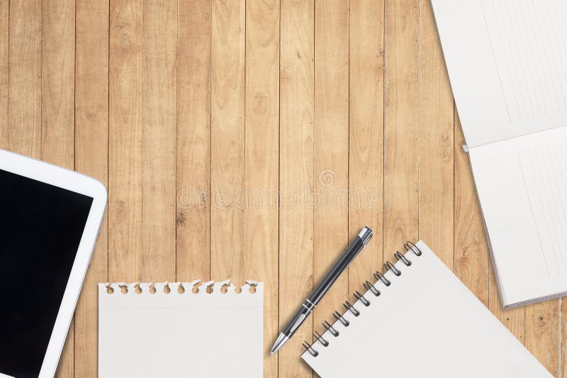 Notebook and Tablet on Wood Table Stock Image - Image of page, grain ...