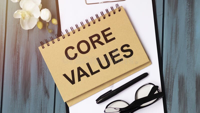 Notebook with Text Inside Core Values on Table with Coffee, Laptop and ...