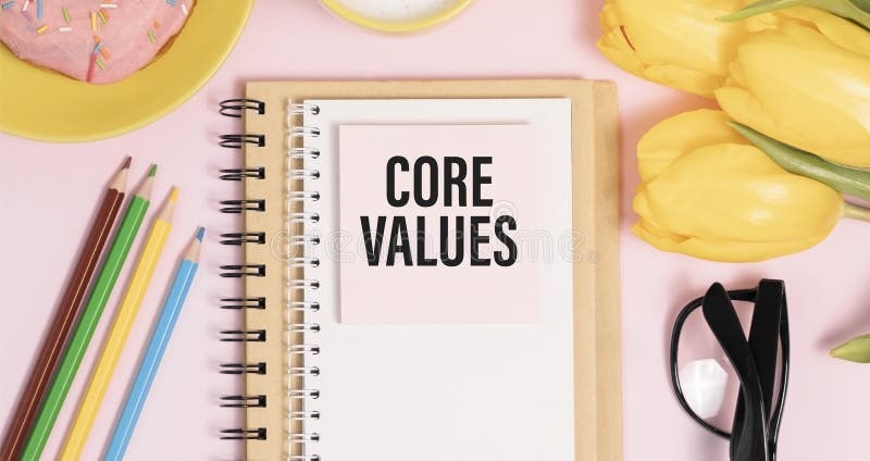 Text Inside Core Values on Table with Flowers, Laptop and Some Sheet of ...