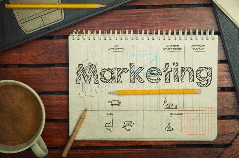 Notebook with Text Inside Marketing on Table with Coffee, Notebo Stock ...