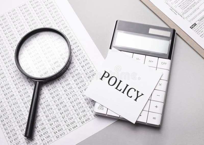 Notebook with Text POLICY Sheet of White Paper for Notes, Calculator ...