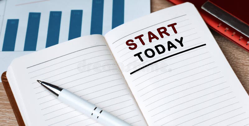 Notebook with Text START TODAY. Notebook on Desk with Graph and a Pen ...