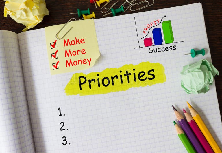 Notebook with Tools and Notes about Priorities Stock Photo - Image of ...