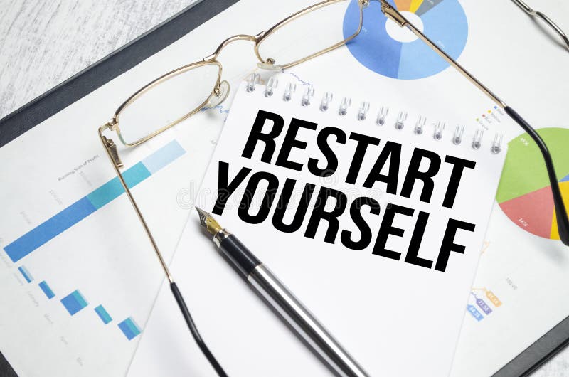 Notebook with Tools and Notes with Text RESTART YOURSELF Stock Photo ...