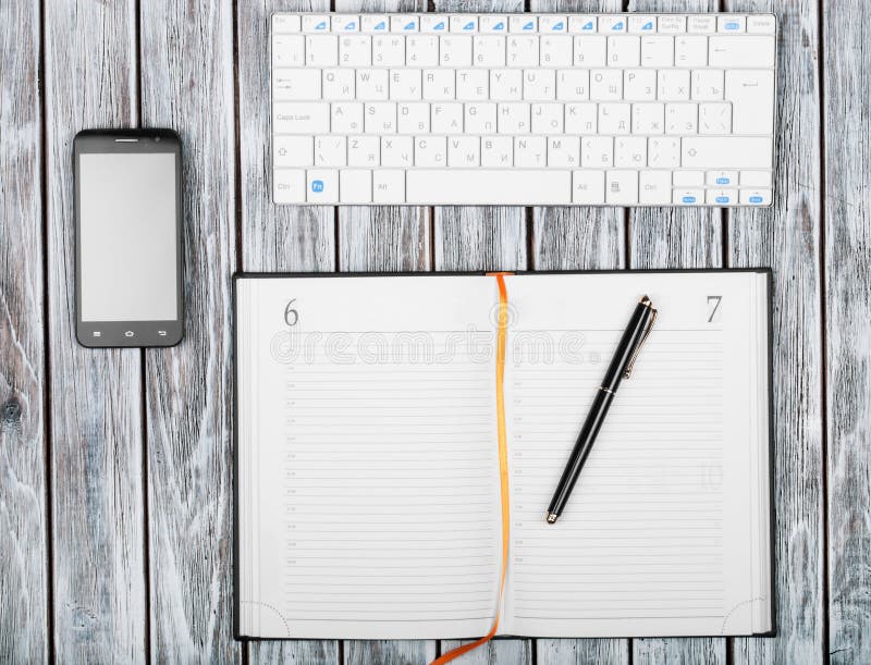 Notebook Wit Tablet on Wooden Table, Stock Photo - Image of simple ...