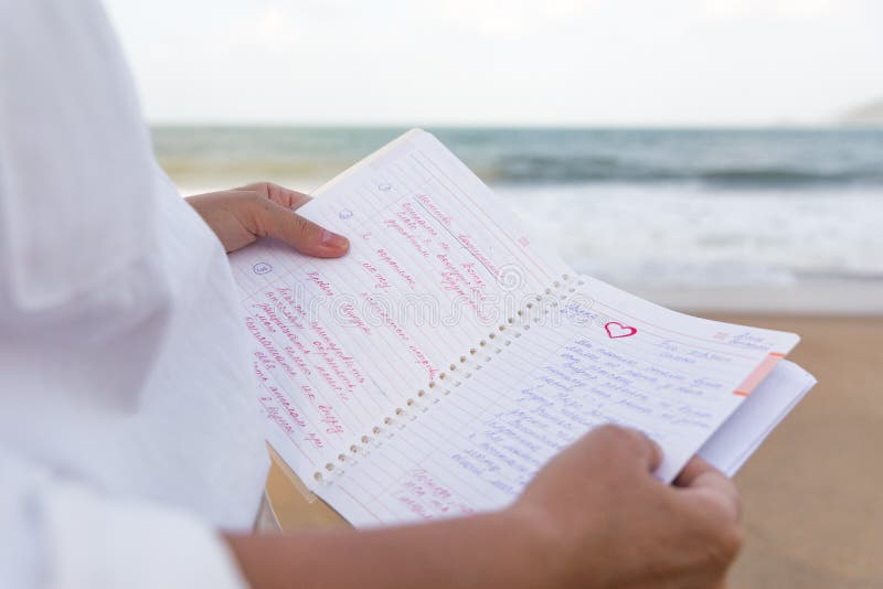 Notebook, Woman Read Your Notes Near the Sea Stock Image - Image of ...