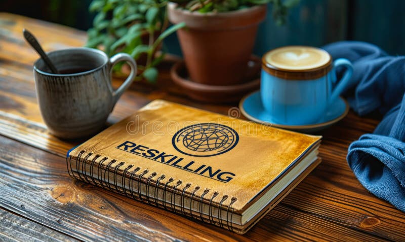 Notebook on a Wooden Desk with RESKILLING Emblem Symbolizing the ...