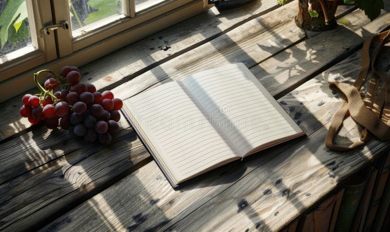 Notebook on a Wooden Table with a Bunch of Grapes Stock Photo - Image ...