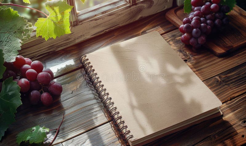 Notebook on a Wooden Table with a Bunch of Grapes Stock Photo - Image ...