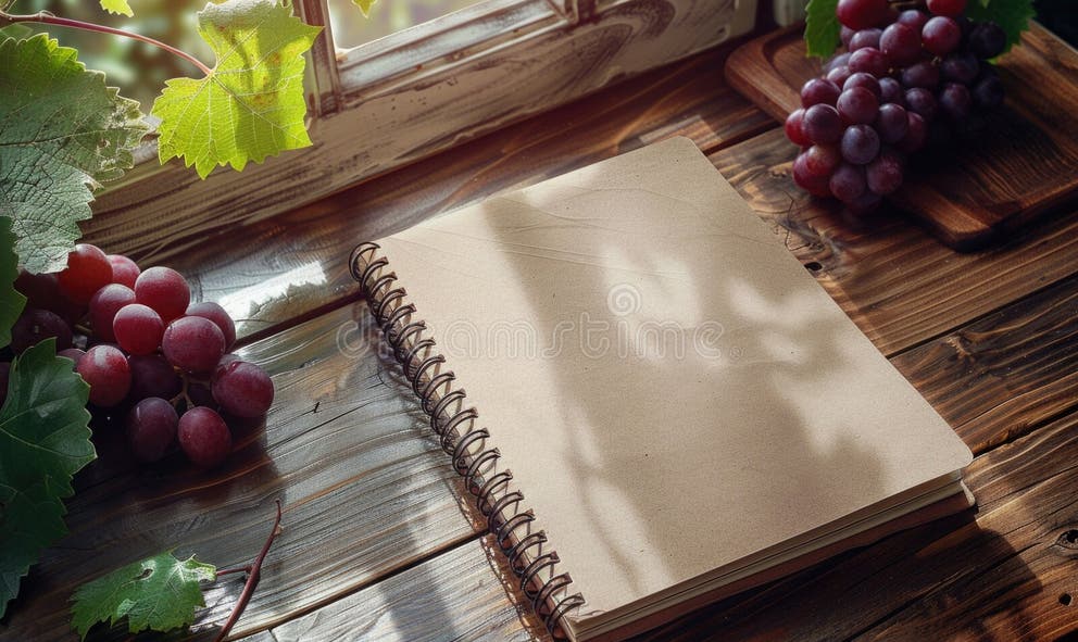 Notebook on a Wooden Table with a Bunch of Grapes Stock Photo - Image ...