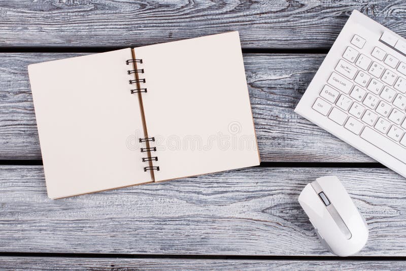 Notebook on wooden table. stock image. Image of gray - 160931343