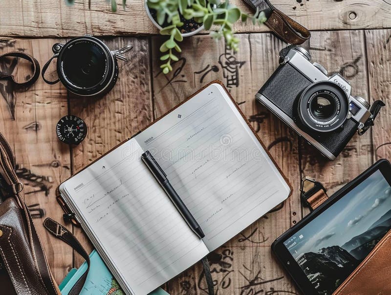 Notebook for Writing and Camera on the Table. View from Above Stock ...