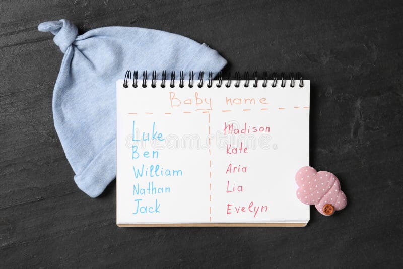 Notebook with Written Different Baby Names and Child`s Accessories on ...