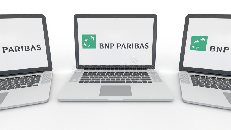 Notebooks with BNP Paribas Logo on the Screen. Computer Technology ...