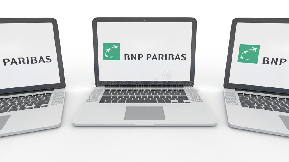 Notebooks with BNP Paribas Logo on the Screen. Computer Technology ...