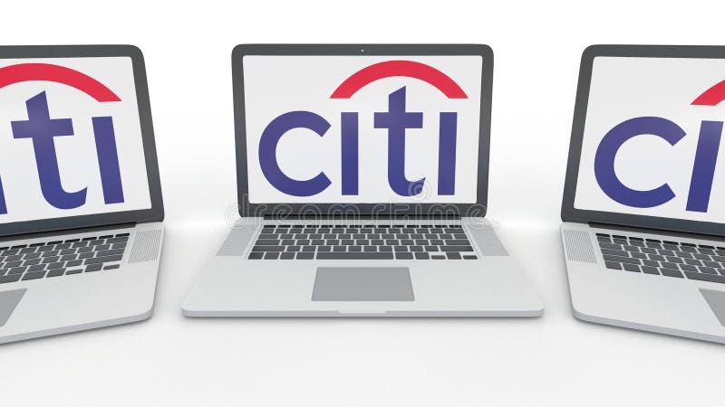 Notebooks with Citigroup Logo on the Screen. Computer Technology ...
