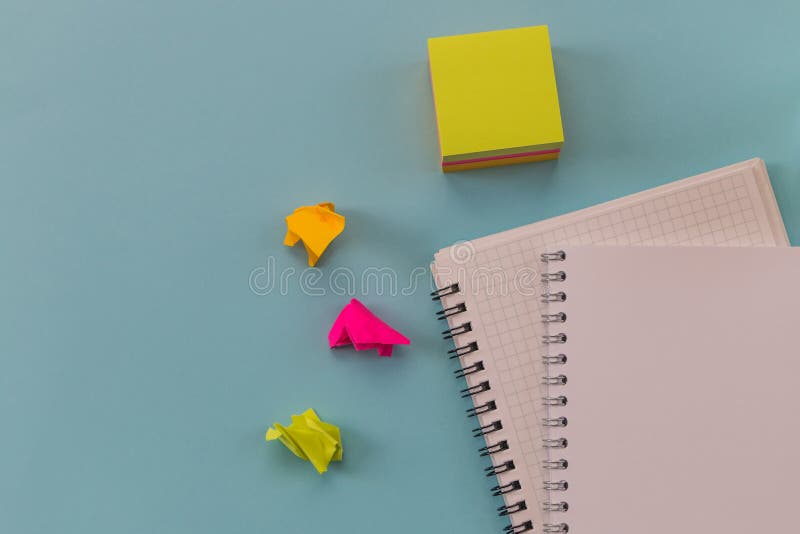 Notebooks, Colourful Stickers on a Blue Background. Conceptual Image ...