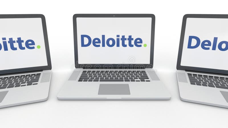 Notebooks with Deloitte Logo on the Screen. Computer Technology ...
