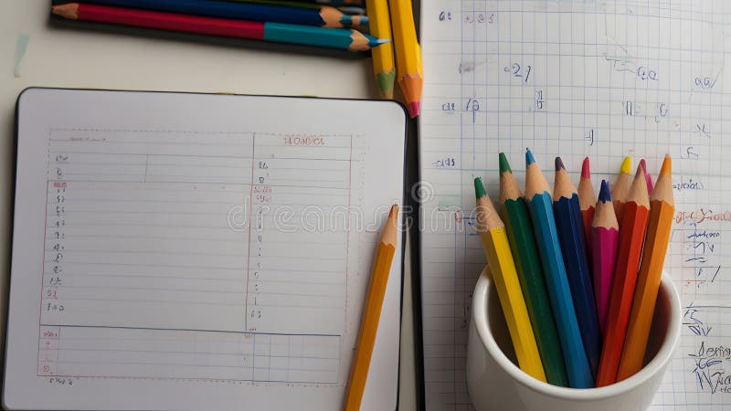 Notebooks with Exercises and Colored Pencils on Light Background Stock ...