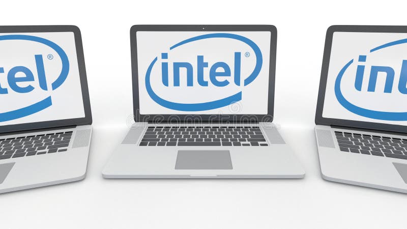 Notebooks with Intel Corporation Logo on the Screen. Computer ...
