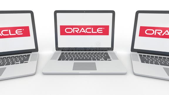 Notebooks with Oracle Corporation Logo on the Screen. Computer ...